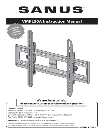 Sanus VMPL50A Tilting Wall Mount; For 32" – 85" flat-panel TVs Guide d ...