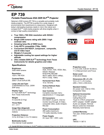 Optoma EP739 Video Projector Specification Sheet | Manualzz