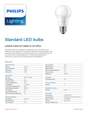 Philips Hue 461012 LED Bulb Specification Sheet | Manualzz