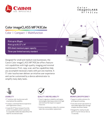 Canon MF743Cdw Laser Printer Specification Sheet | Manualzz