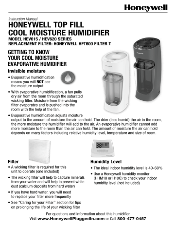 Honeywell HEV620B Humidifier User Manual | Manualzz