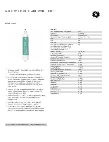 GE RPWFE Water Filter Specification Sheet | Manualzz