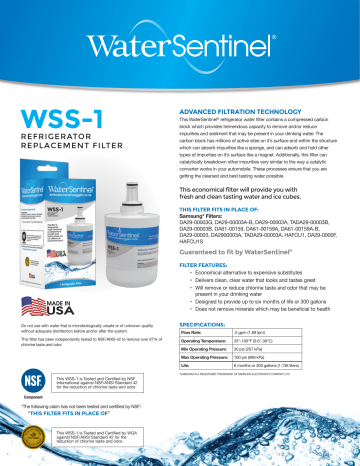 WaterSentinel WSS-1 Water Filter Specification Sheet | Manualzz