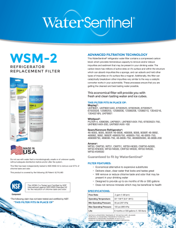 WaterSentinel WSM-2 Water Filter Specification Sheet | Manualzz