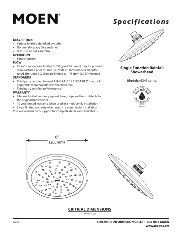 Moen 6345BN Fixed Showerhead Specification Sheet | Manualzz