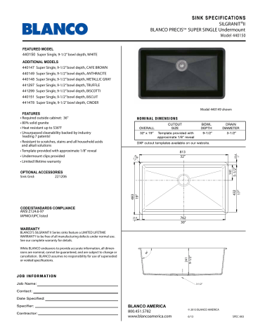 BLANCO 440150 Single Bowl Specification Sheet | Manualzz