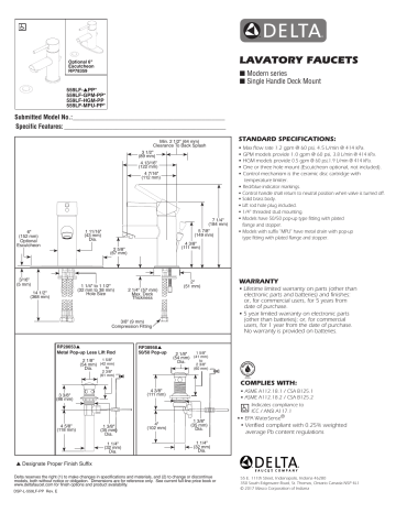 DELTA FAUCET 559LF-PP Touch On Faucet Specification Sheet | Manualzz