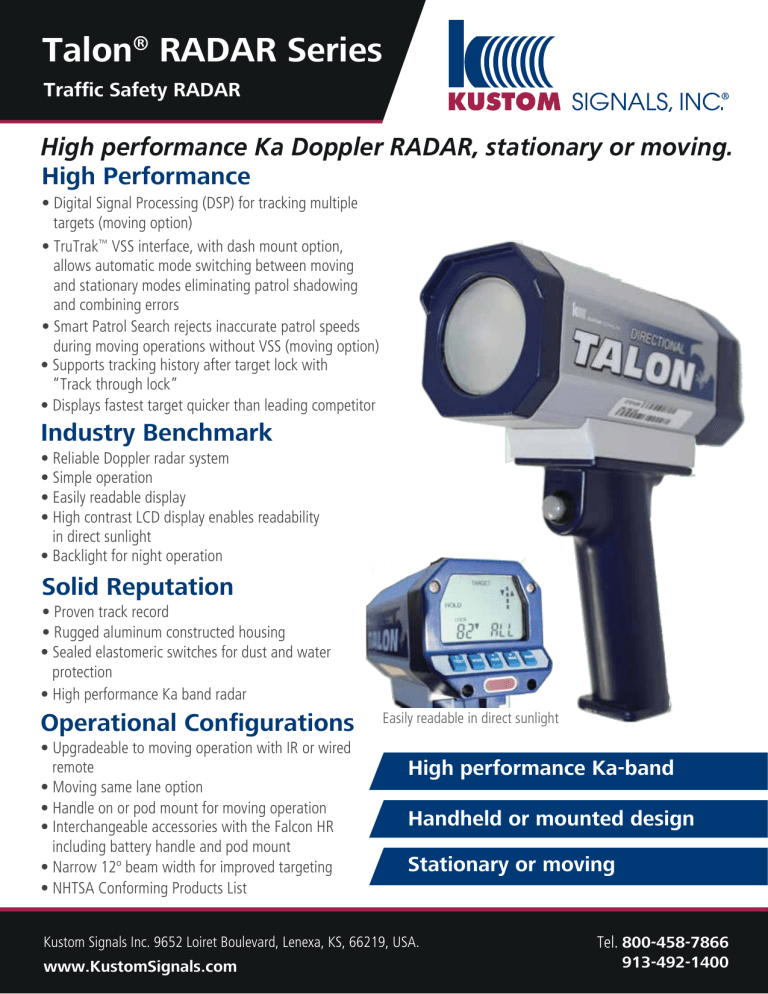 Kustom Signals Talon Radar Series Datasheet | Manualzz