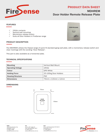 FireSense MDHREM Door Holder Remote Release Datasheet | Manualzz