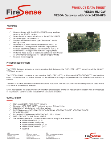 FireSense VESDA-HLI-GW VESDA Gateway Datasheet | Manualzz