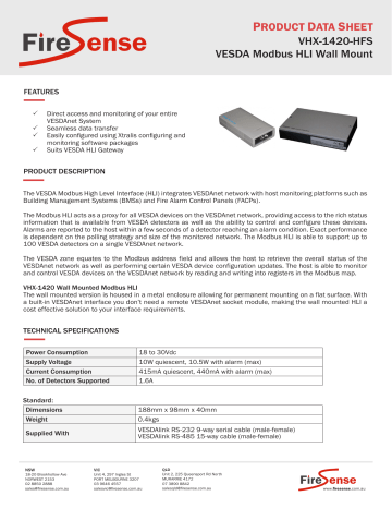 FireSense VHX--HF VESDA Modbus HLI Wall Mount Datasheet | Manualzz