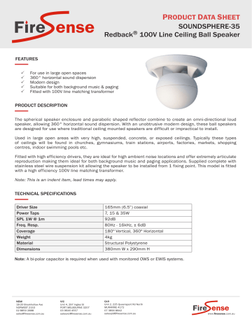 FireSense SOUNDSPHERE-35 100V Ceiling Ball Speaker Datasheet | Manualzz