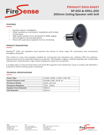 FireSense SP & GRILL 200mm Ceiling Speaker Datasheet | Manualzz