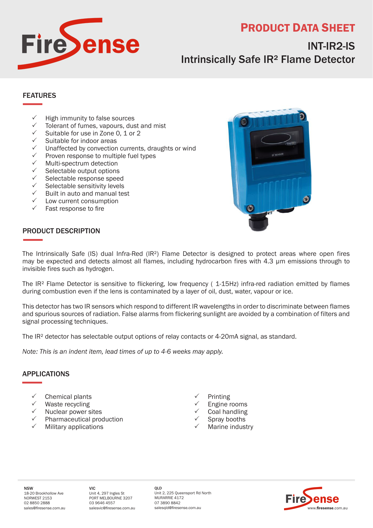 Firesense Intrinsically Safe IR2 Flame Detector Datasheet | Manualzz