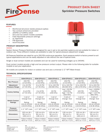 FireSense Pressure Switch Sprinkler Datasheet | Manualzz