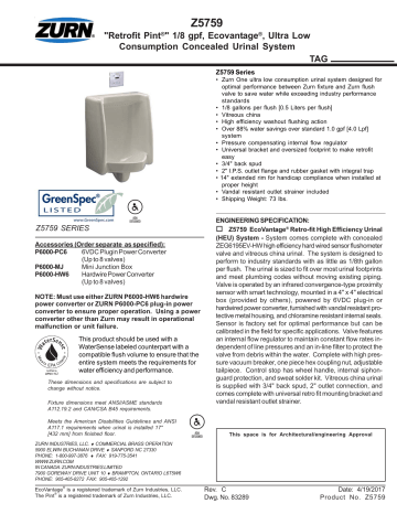 Zurn Retrofit Pint 0.125 GPF Concealed Ultra Low Consumption Urinal ...