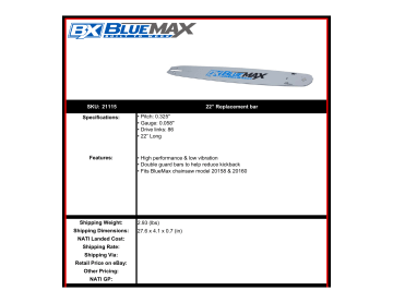 Blue Max 21115 22 in. Replacement Chainsaw Guide Bar for 57cc Chainsaws ...