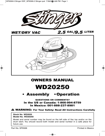 Stinger WD2025 2.5 Gal. 1.75-Peak HP Compact Wet Dry Vac Full Product ...