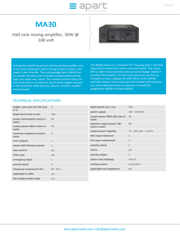 Biamp MA30 Data Sheet | Manualzz