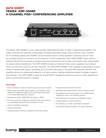 Biamp Tesira AMP-450BP Data Sheet | Manualzz