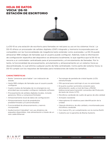 Biamp Vocia DS-10 Ficha de datos | Manualzz
