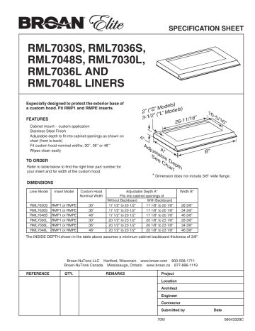 Broan RML7036S Undercabinet Range Hood Liner Specification Sheet | Manualzz