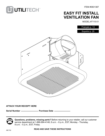 Utilitech 7115-01 Ventilation Fan 1.5-Sone 100-CFM White ENERGY STAR Installation Guide | Manualzz
