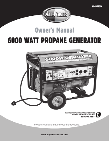 All Power APG3560CN 6000-Watt Propane Powered Portable Generator Owner ...