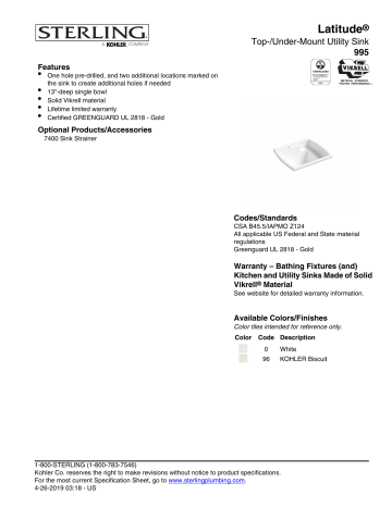 Sterling 995-0 Latitude Utility Sink Dimensions Guide | Manualzz