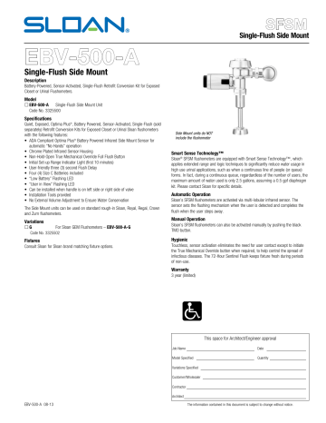 Sloan EBV500A Flush Valve Dimensions Guide | Manualzz