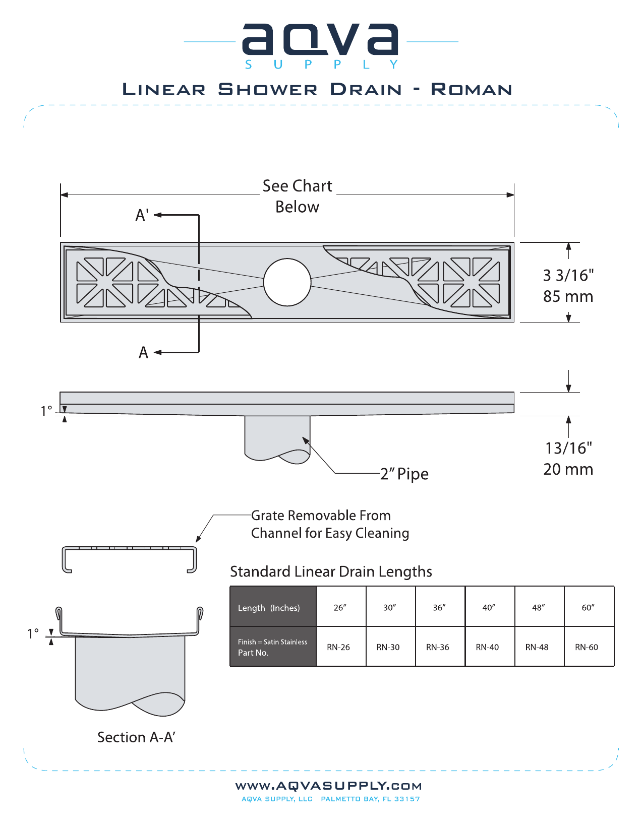 AQVA 245333 26-in L Decorative Rectangle Stainless Steel Linear Shower ...