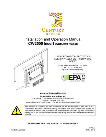 Century CW2500-I WOOD INSERT Owner's Manual | Manualzz