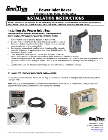 GenTran 30 Amp Power Inlet Box installation Guide | Manualzz