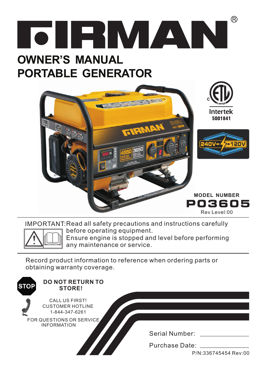Firman 4550/3650-Watt 120/240V Recoil Start Gas Portable Generator cETL ...