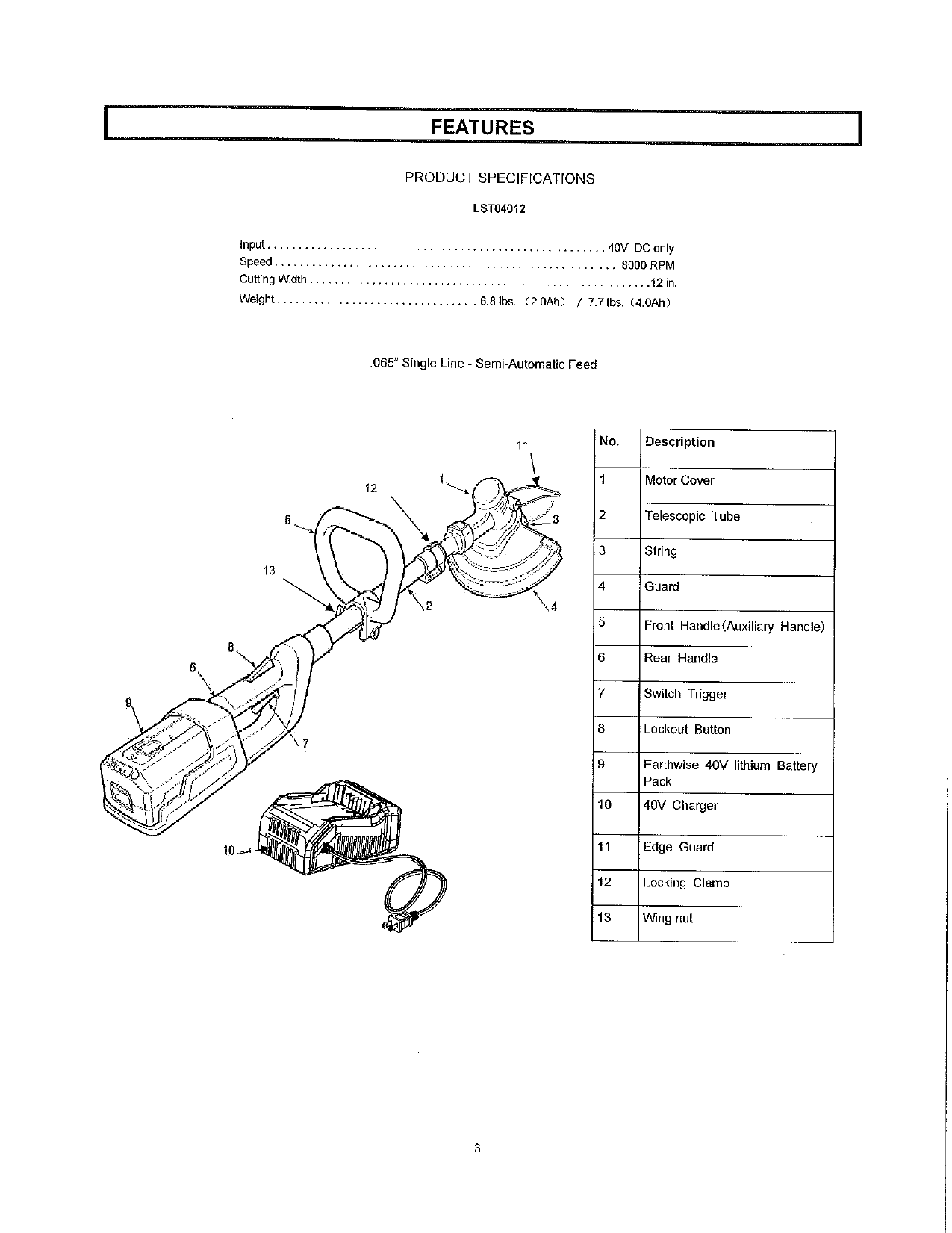 Earthwise LST04012 12 in. 40-Volt Electric Cordless Grass String ...