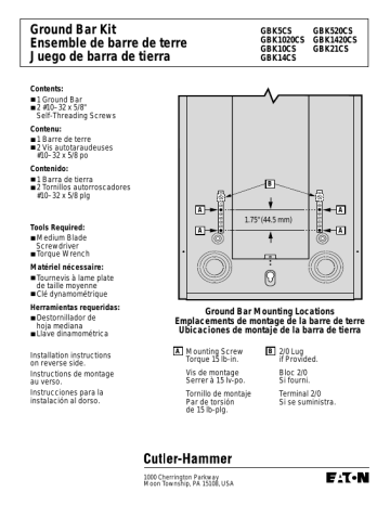 Eaton GBK1420CS 14-Terminal Ground Bar Kit Guide d'installation | Manualzz