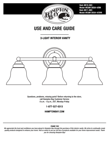 Hampton Bay 3-Light Oil Rubbed Bronze Vanity Light installation Guide | Manualzz