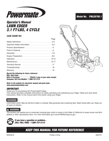 Powermate 9 in. 79cc Gas Walk-Behind Edger User guide | Manualzz