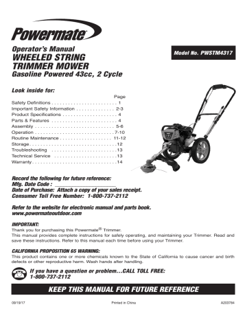 Powermate PWSTM4317EA 43cc Wheeled String Trimmer Edger Attachment ...