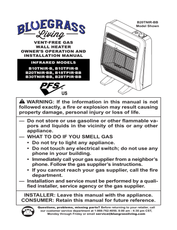 BLUEGRASS LIVING B18TPIR-BB Propane Gas Vent Free Infrared Gas Space Heater With Blower - 18,000 ...