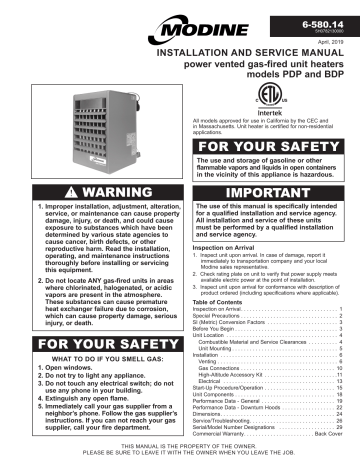 Modine PDP400 PDP 400,000 BTU Natural Gas Garage Ceiling Heater Manual ...