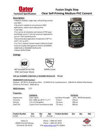 Oatey 32192 10 oz. Fusion One Step PVC Cement Specification | Manualzz