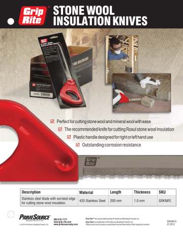 Grip-Rite GRKNIFE Stone Wool Insulation Knife Specification | Manualzz