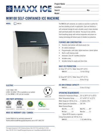 Maxx Ice MIM100 100 lb. Freestanding Icemaker Specification | Manualzz