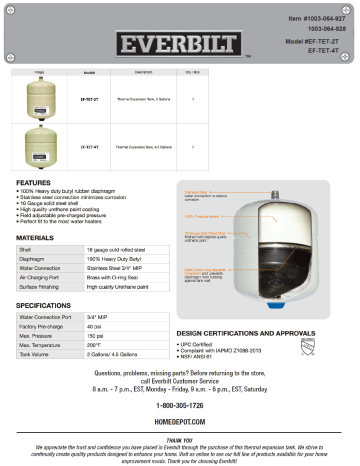 Everbilt EF-TET-2T 2 Gal. Thermal Expansion Tank Specification | Manualzz