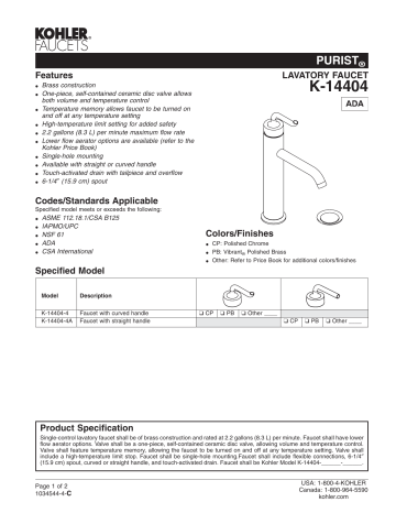 Kohler K-14404-4A-BV Purist Single-Handle Single Hole Low-Arc Bathroom ...