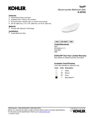 Kohler K-20705-N-0 Veil Vessel Sink Specification | Manualzz
