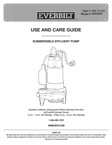 Everbilt HDEFR50W 1/2 HP Effluent Pump Instructions | Manualzz