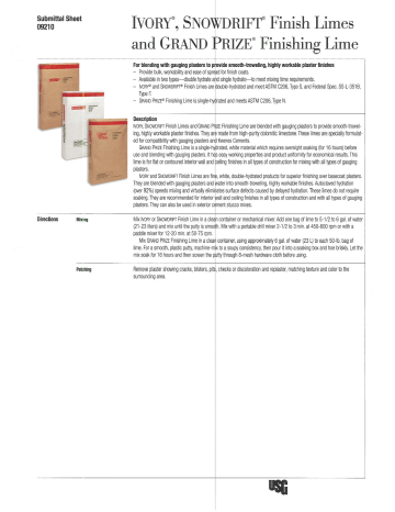 USG 401500 50 lb. Ivory Finish Lime Specification | Manualzz