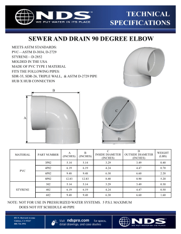 NDS 6P02 6 in. PVC Sewer and Drain 90-Degree Hub x Hub Elbow Specification | Manualzz